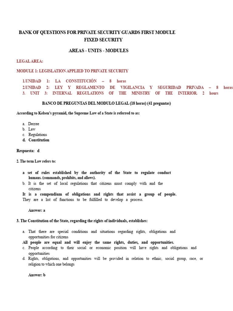 1 BANK OF QUESTIONS ANSWERS BASIC SECURITY GUARD COURSE 1 DGSC 1 1 ...