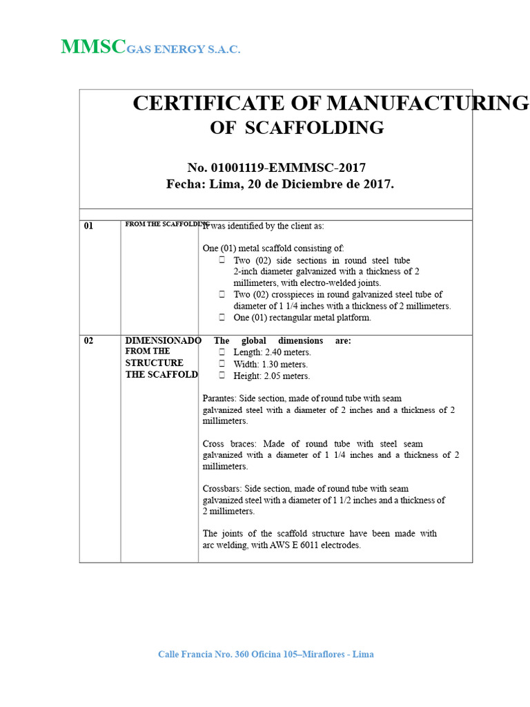 Scaffolding Manufacturing Certificate 2017 | PDF | Scaffolding | Welding