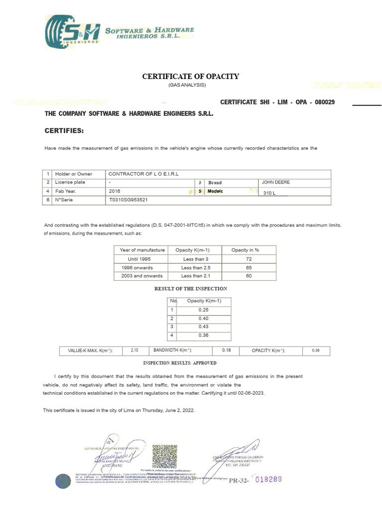 John Deere Opacity Certificate | PDF