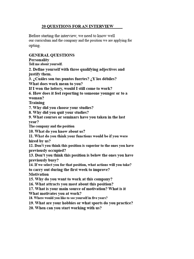 20 Questions For An Interview | PDF
