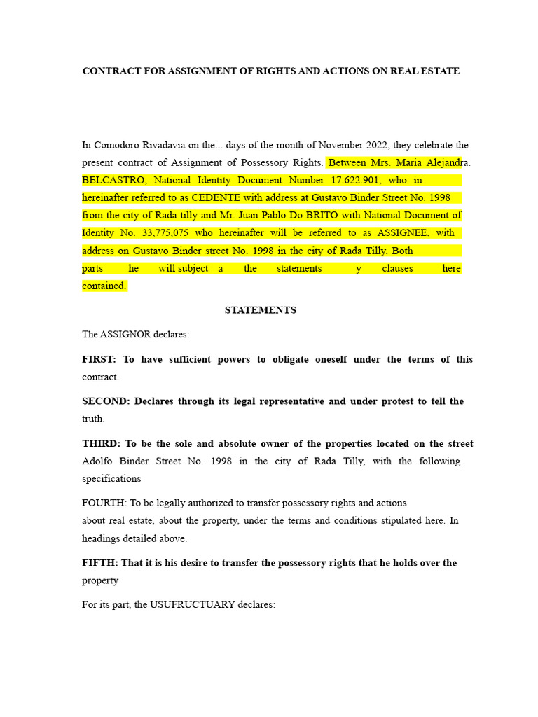Contract For Assignment of Possessory Rights | PDF | Assignment (Law) | Property Law