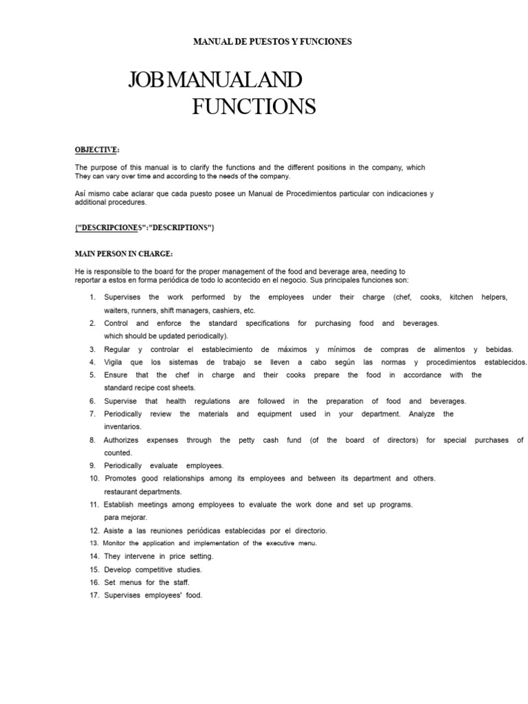 Job Manual and Functions Overview | PDF | Menu | Foodservice