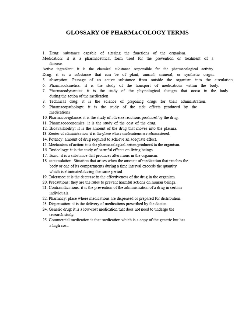 Pharmacology Terms Glossary | PDF