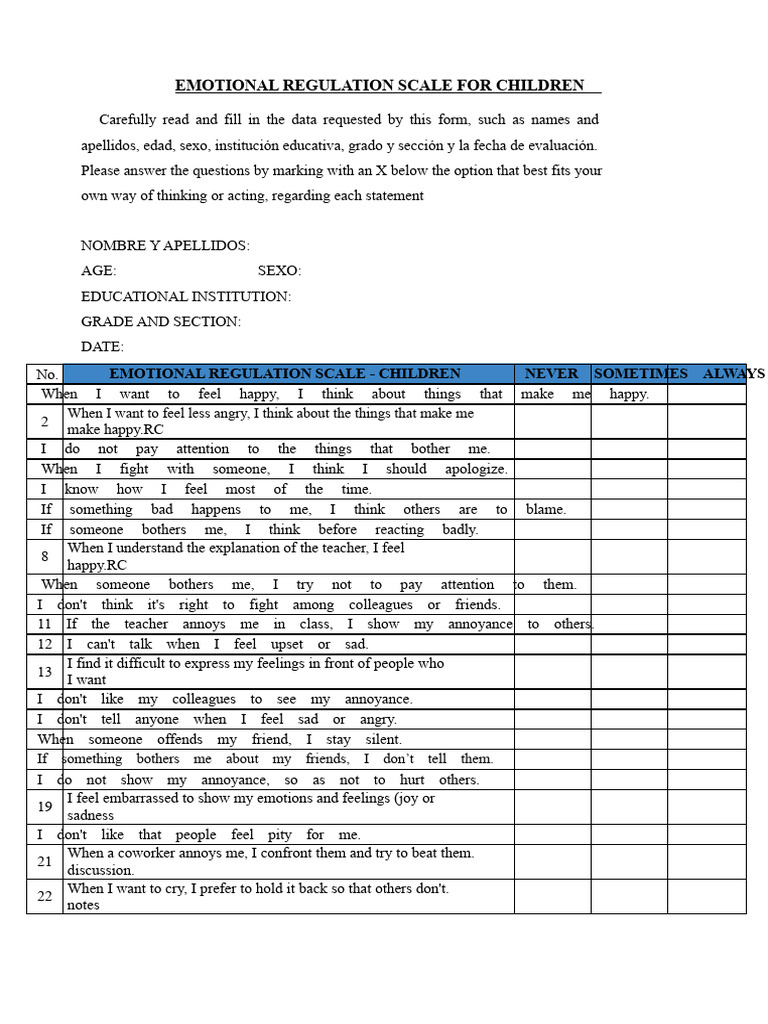 Emotional Regulation Scale for Kids | PDF