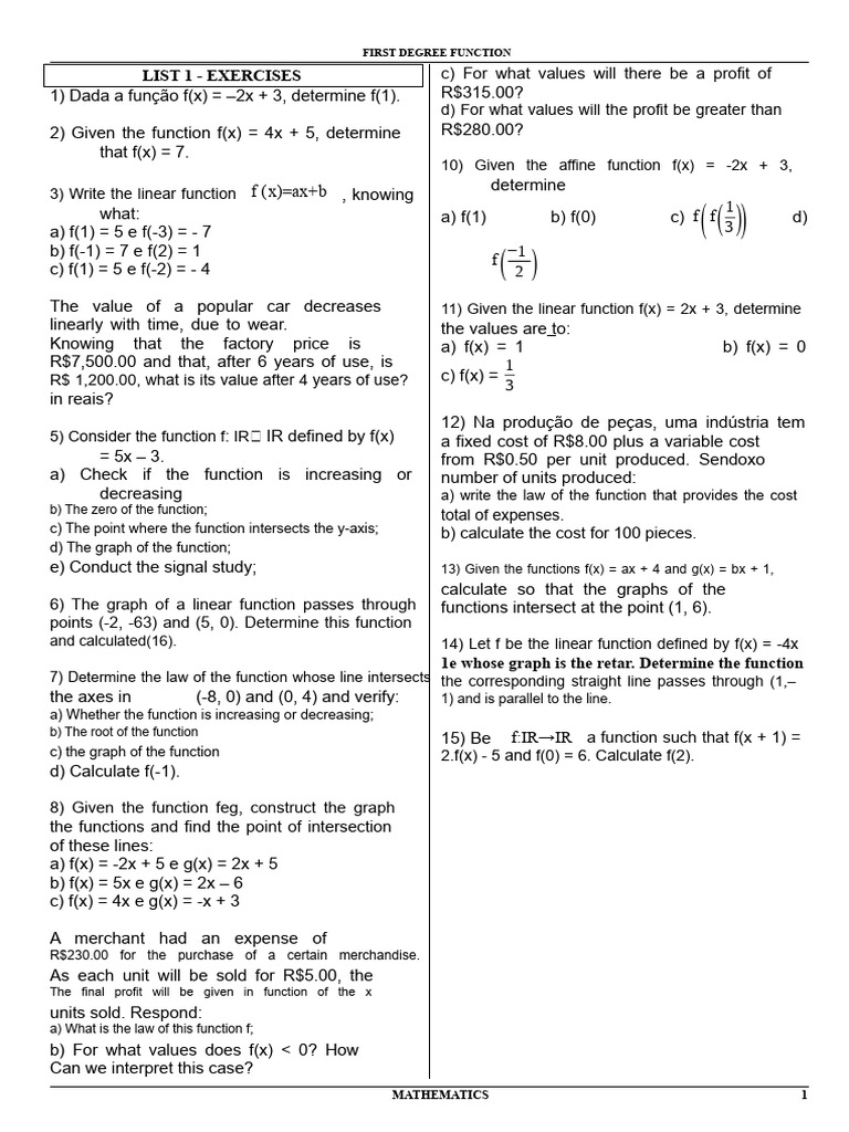 Exercises of Linear Function - List 01 | PDF | Function (Mathematics ...