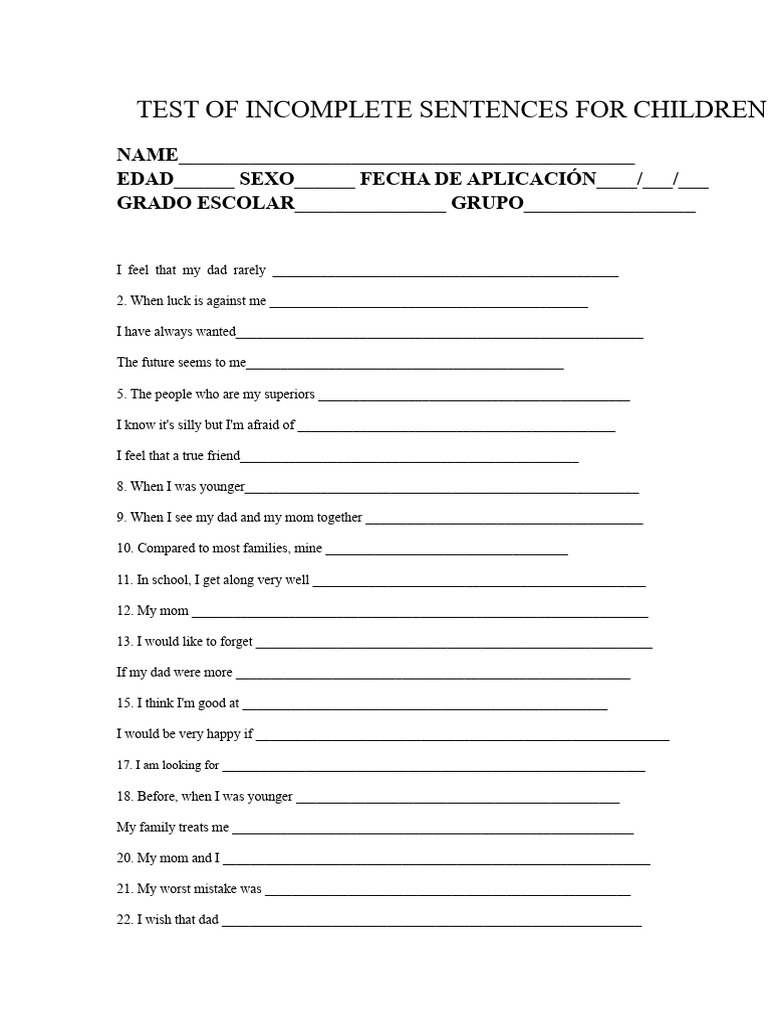 Incomplete Sentences Test for Kids | PDF | Psychological Concepts ...