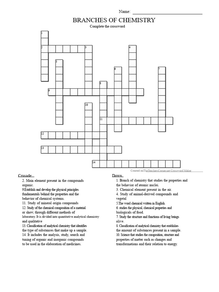 Crossword Chemistry Branches | PDF | Chemistry | Analytical Chemistry