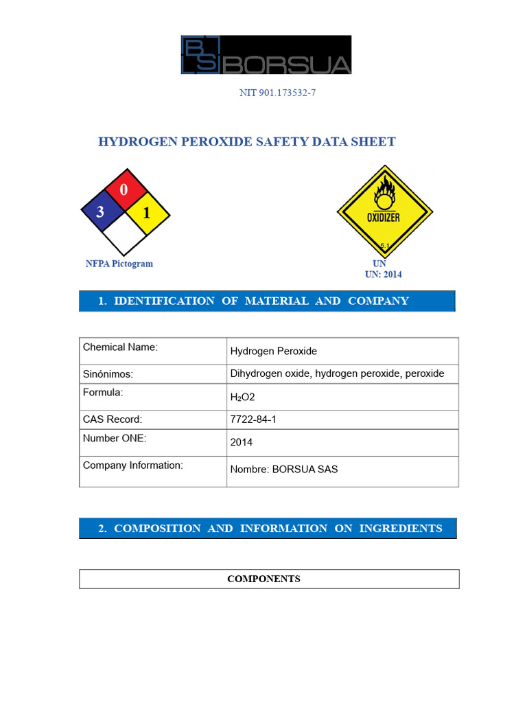 Hydrogen Peroxide Safety Data Sheet | PDF | Hydrogen Peroxide | Fires