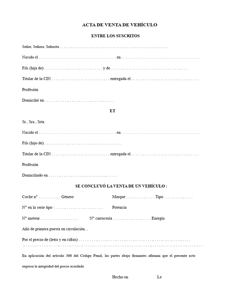 Acta de Venta de Vehículo Formal | PDF | Coche | Vehículos