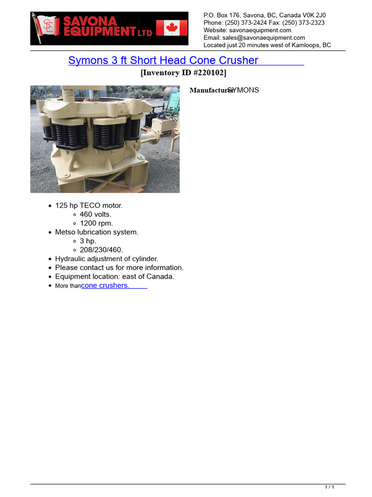 Symons 3 FT Short Head Cone Crusher | PDF