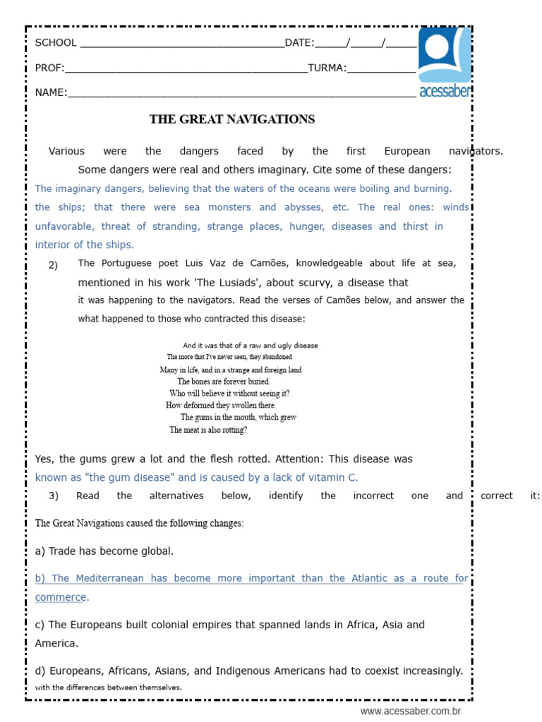 History Activity On The Great Navigations 7th Grade With Answers | PDF ...