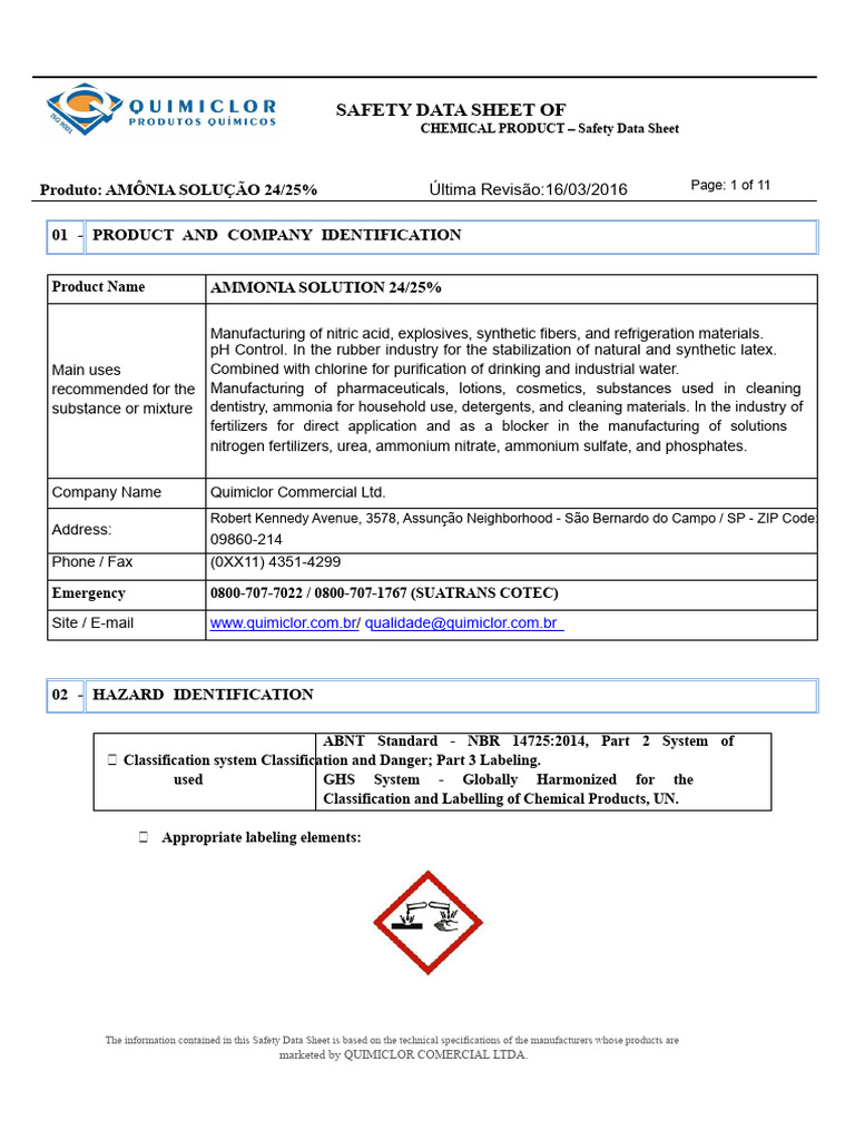 Ammonia Solution 24/25% Safety Data Sheet | PDF | Ammonia | Personal ...