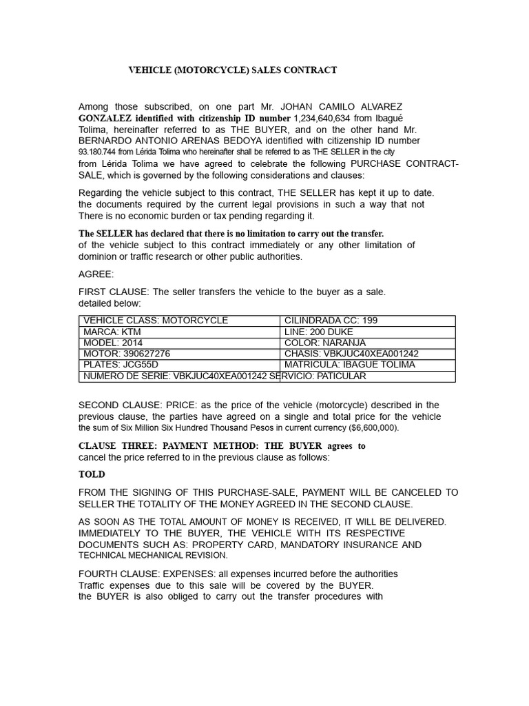 KTM Motorcycle Sale-Purchase Contract | PDF | Payments | Money
