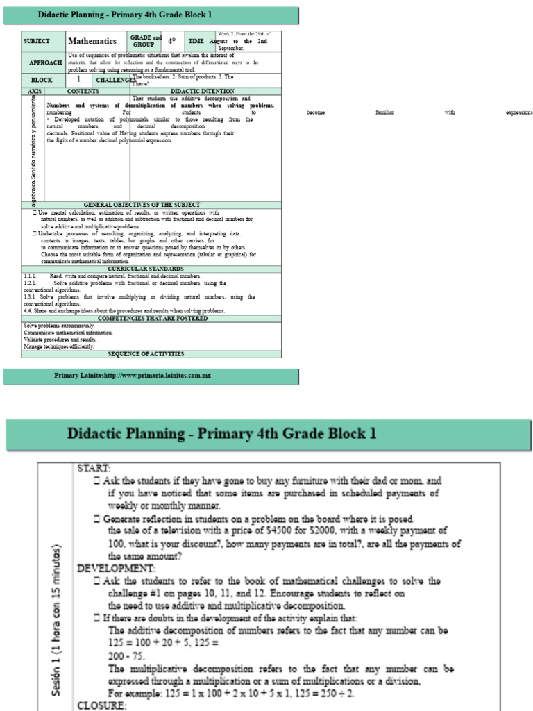 4th Grade Plan - Block 1 Mathematics (2016-2017) | PDF | Multiplication ...