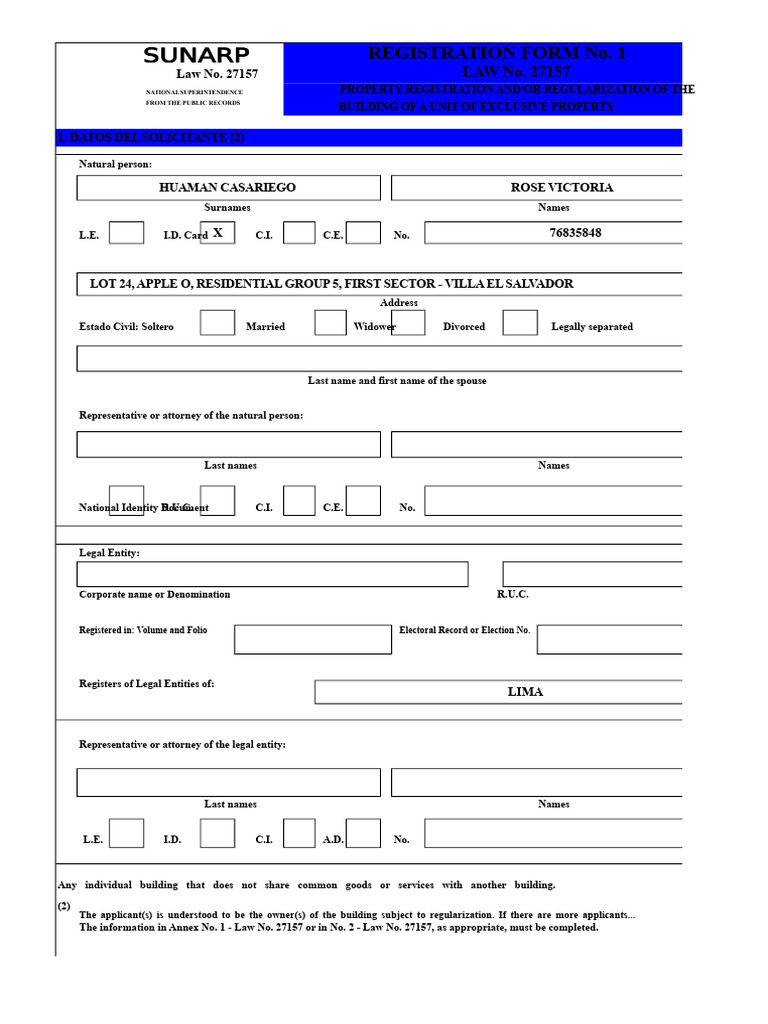 Registral Form N°1 Law 27157 Exclusive Property | PDF | Notary Public ...