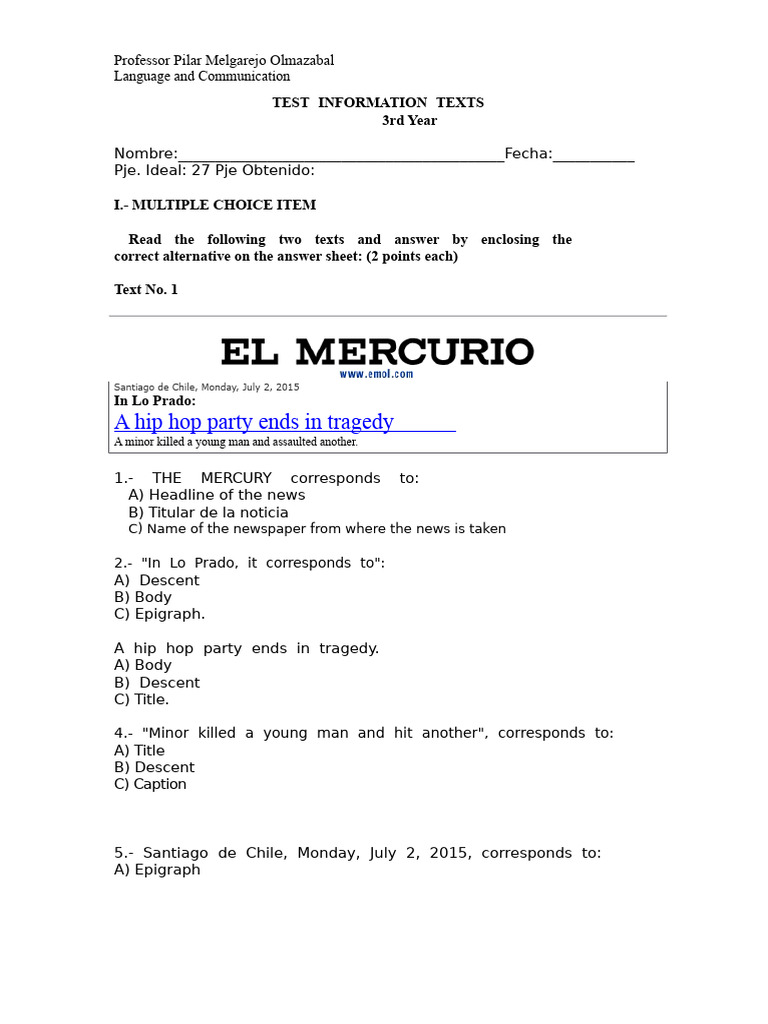 Test Informative Texts | PDF | Multiple Choice | Turtle