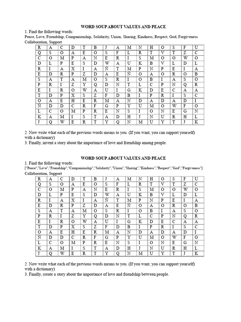 Values and Peace Word Soup Activity | PDF | Word Search | Gratitude