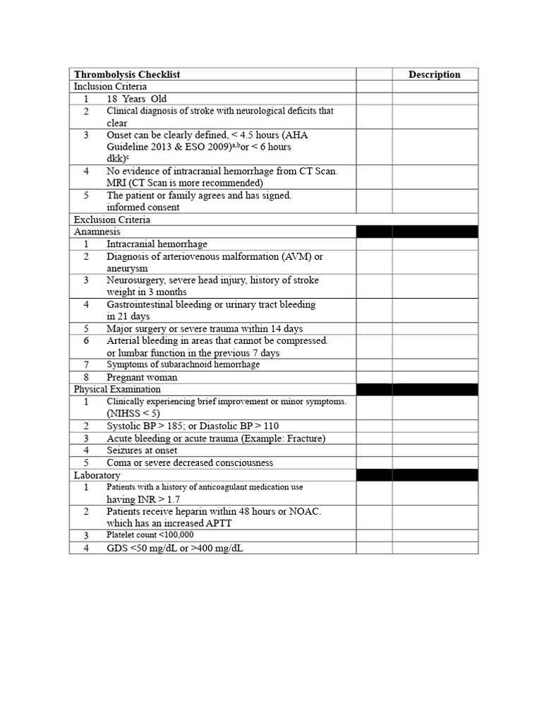 Thrombolysis Checklist | PDF