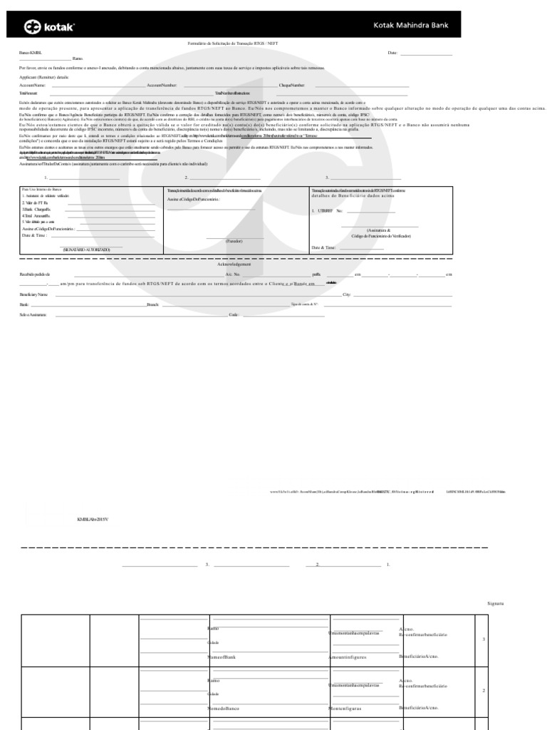 Formulário RTGS/NEFT Banco KMBL | PDF | Transação em base de dados | Bancos