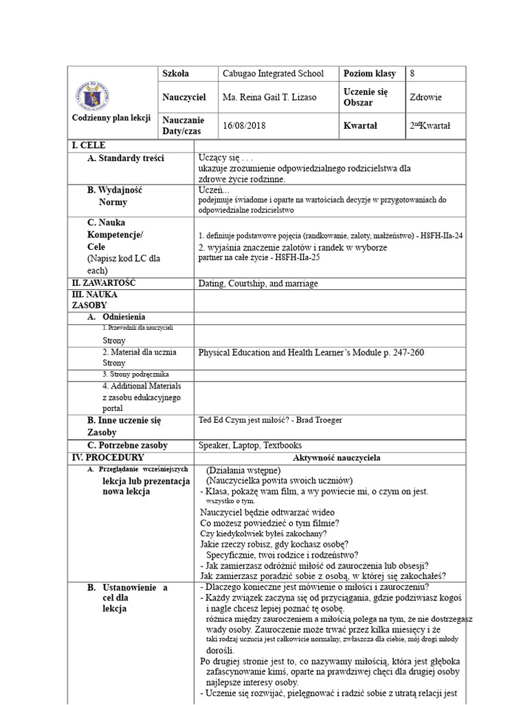 Codzienny Plan Lekcji W Zdrowiu Klasa 8 - Randkowanie | PDF