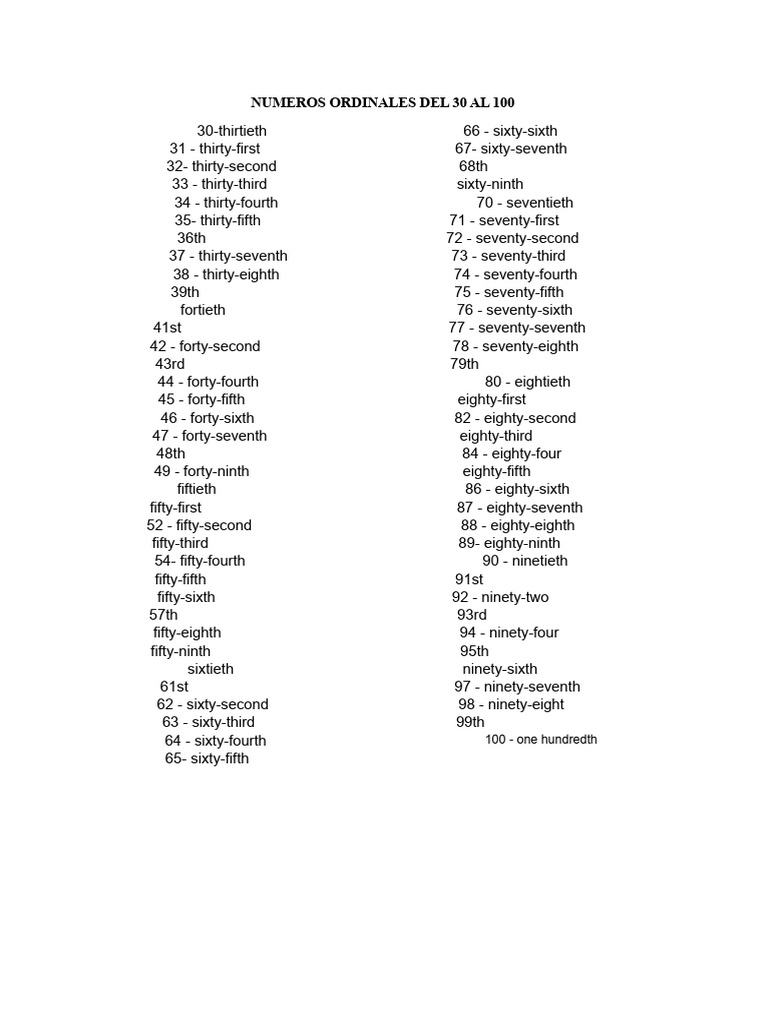 Ordinal Numbers From 30 To 100 | PDF