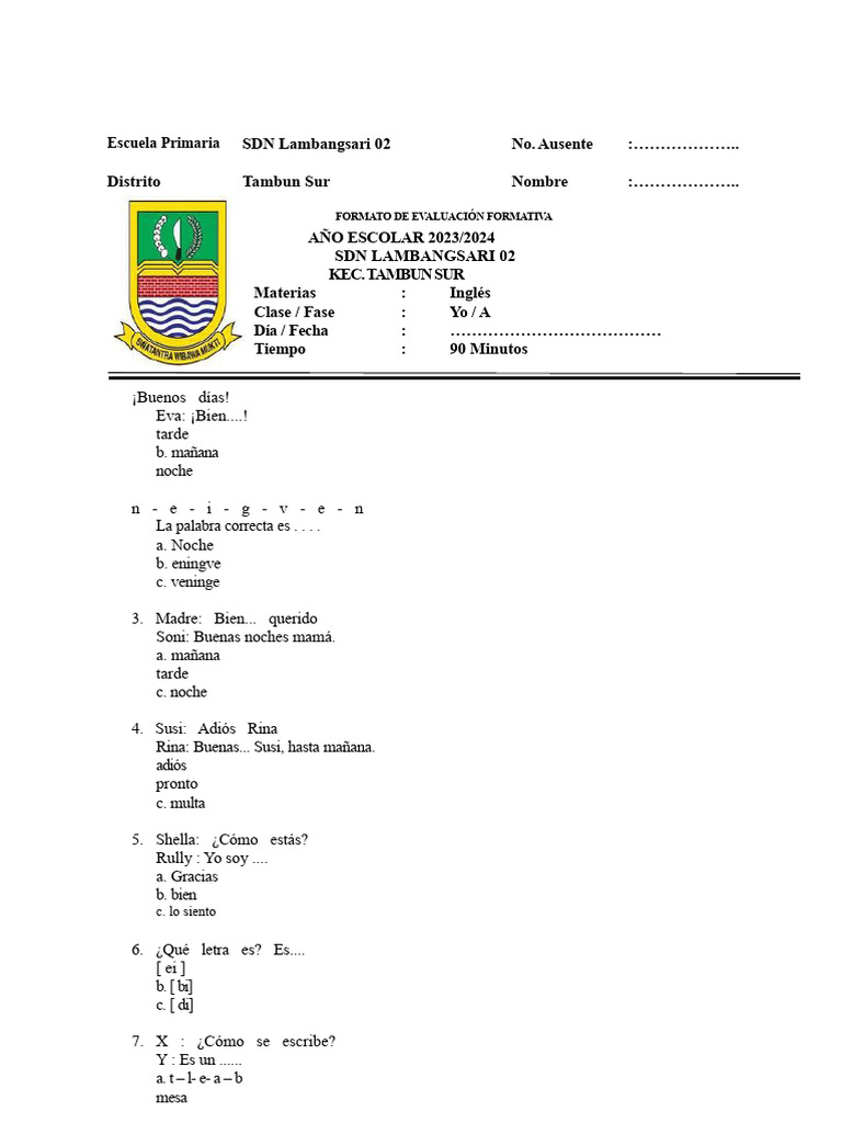 Formative Assessment English Grade 1 | PDF