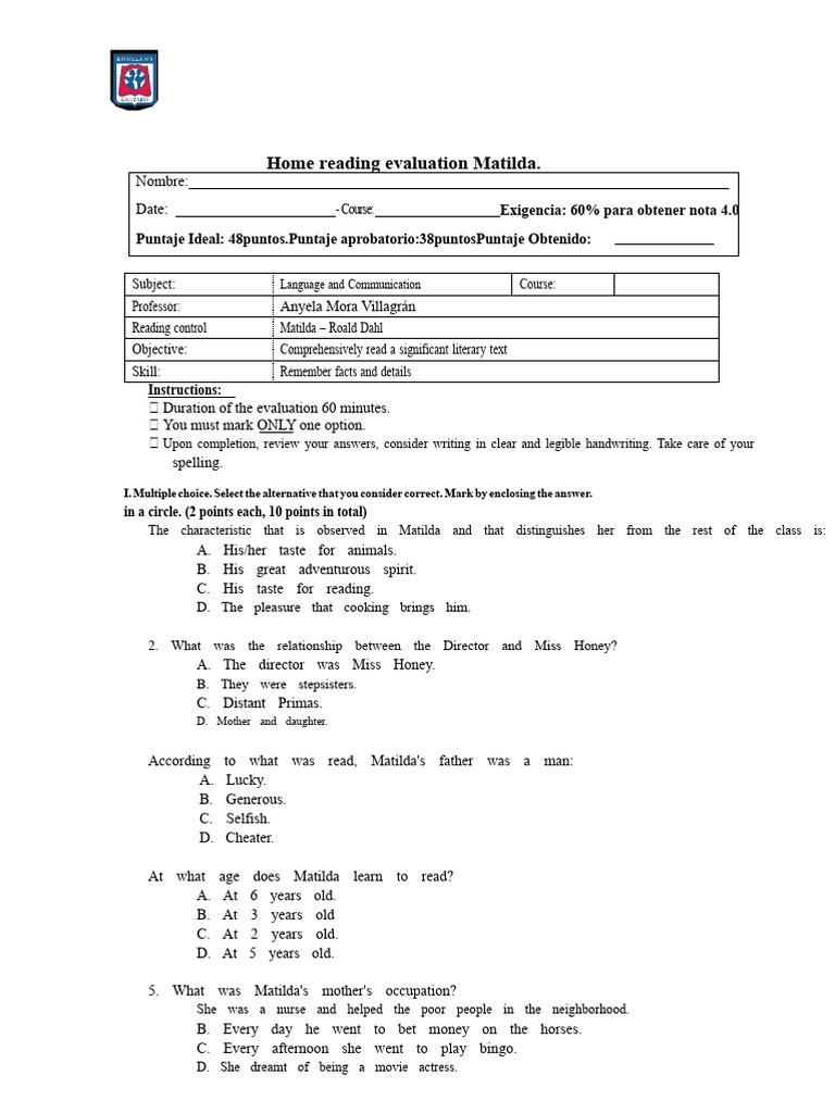 Matilda Evaluation and Answers | PDF | Multiple Choice