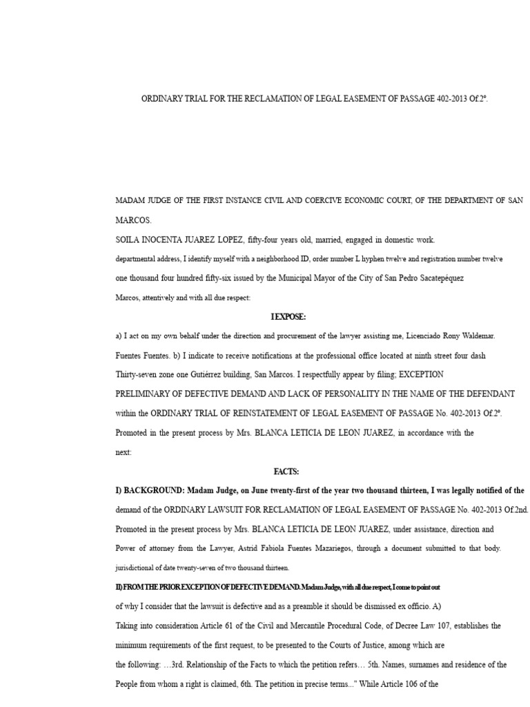Preliminary Exception of Lack of Personality in The Name of The ...