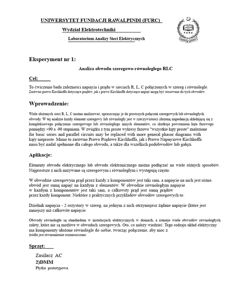 Analiza Obwodu RLC W Układzie Szeregowo-Równoległym | PDF