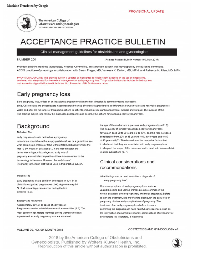 ESP - Acog Practice Bulletin No 200 2018 EARLY PREGNANCY LOSS | PDF ...