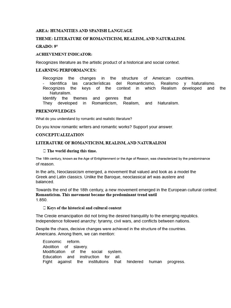 Topic Romanticism, Realism, and Naturalism Ninth | PDF | Romanticism ...