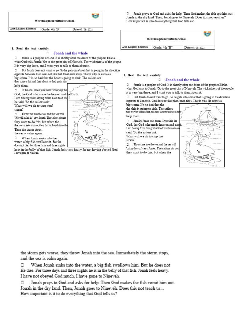 Reading Sheet of Jonah and The Whale | PDF | Jonah