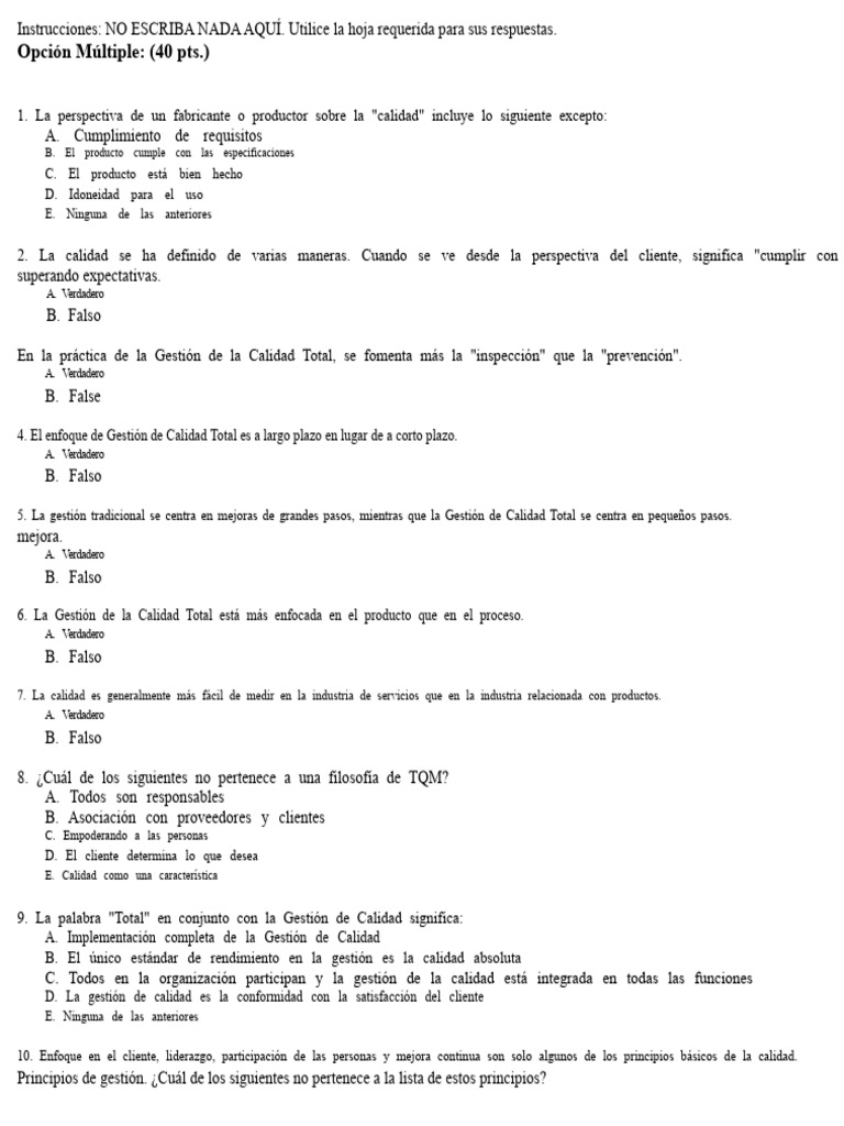 TQM CUestionario 1 | PDF | Calidad (comercial) | Gestión de la calidad