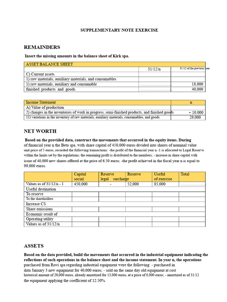Exercise Supplementary Note | PDF | Balance Sheet | Equity (Finance)