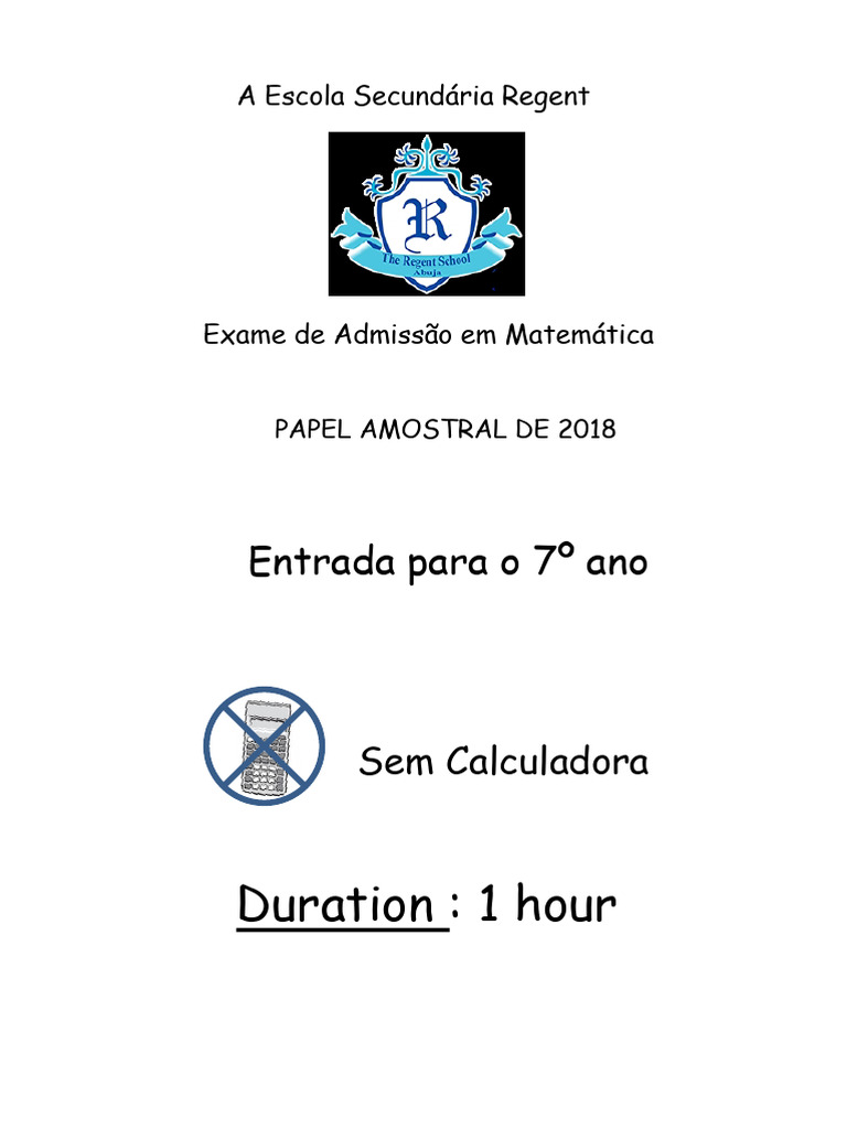 Prova de Amostra de Matemática - Exame de Entrada Do 7º Ano | PDF ...