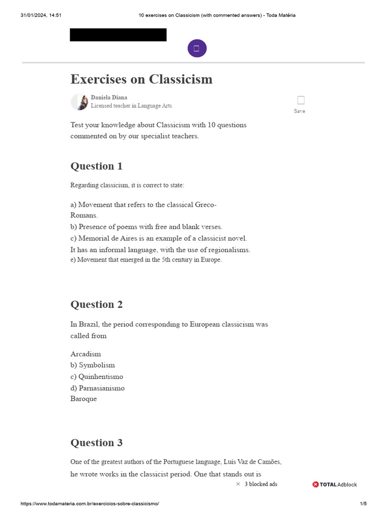 10 Exercises About Classicism (With Commented Answers) - Toda Matéria ...