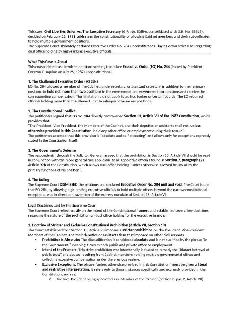 Civil Liberties Union v. Executive Secretary - Inhibition EO 284 | PDF ...