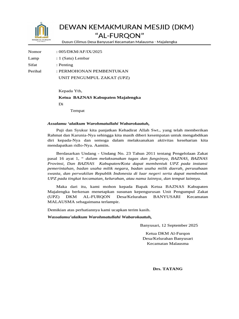 Permohonan Pembentukan UPZ DKM Al-Furqon | PDF