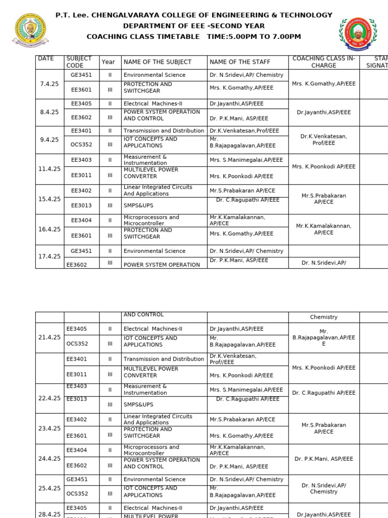 EEE Coaching Class Timetable 2025 | PDF | Electrical Engineering ...