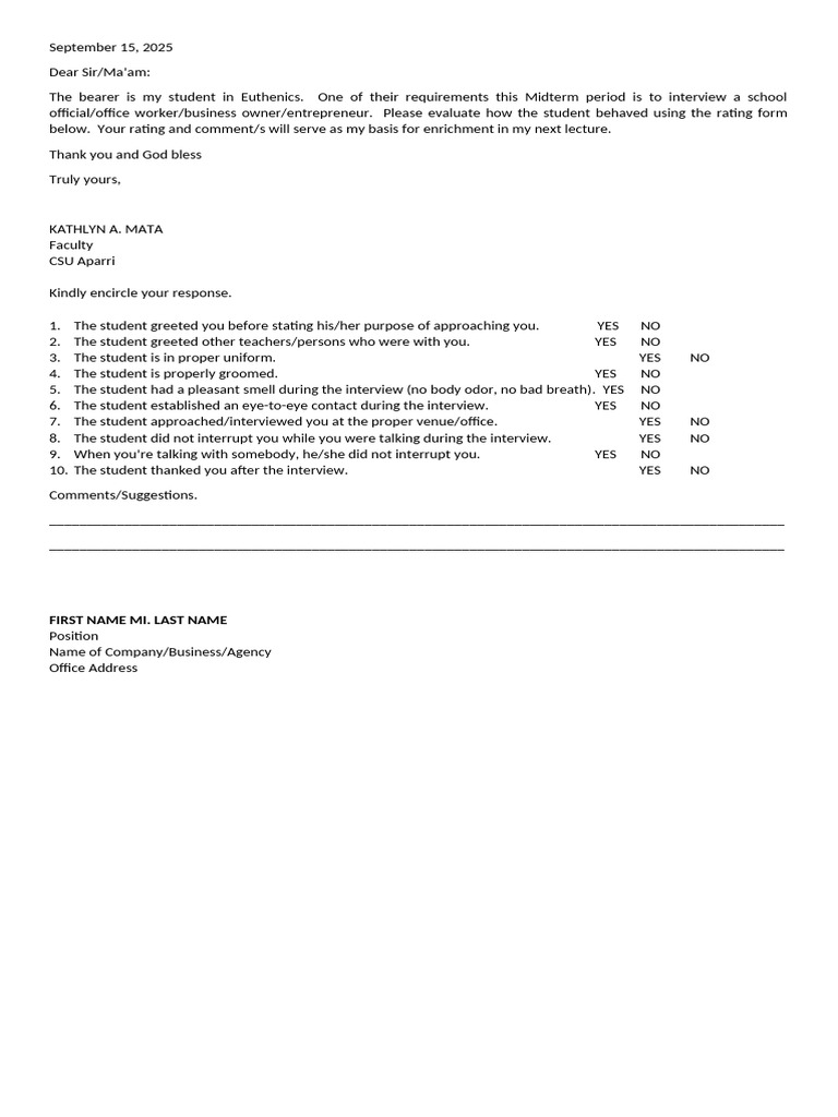 EUTHENICS Interview Office Courtesy | PDF