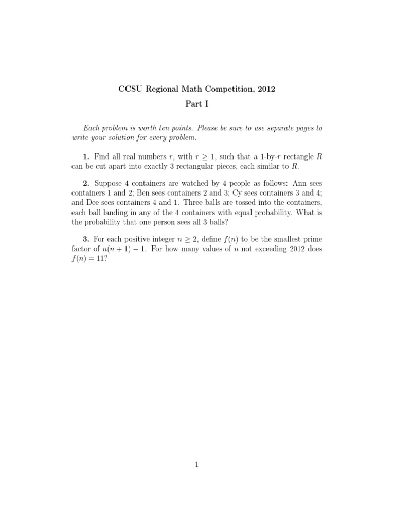 CCSU 2012 Regional Math Competition Problems | PDF | Triangle | Pi
