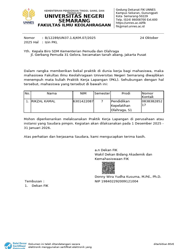 Izin PKL Mahasiswa FIK UNNES 2025 | PDF