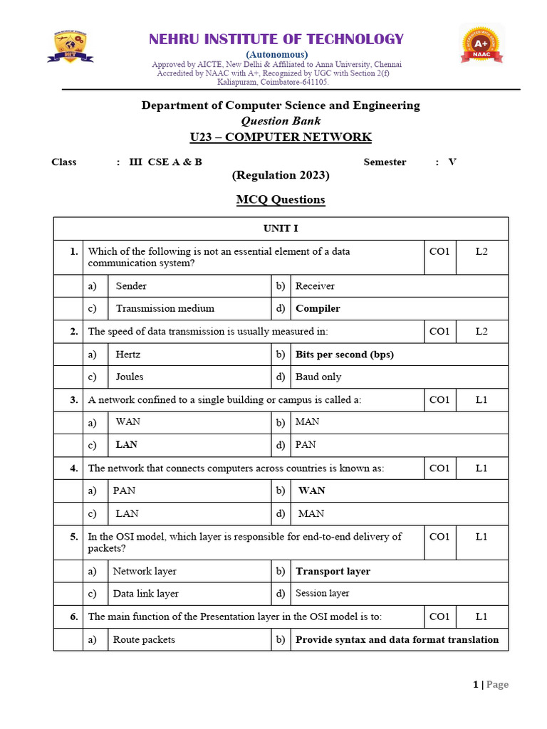 COMPUTER NETWORK - Question Bank | PDF | Transmission Control Protocol | Computer Network