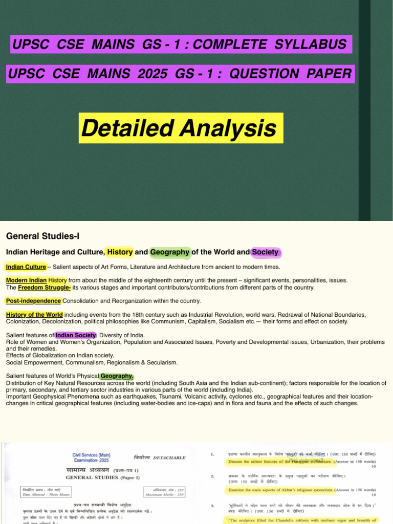 UPSC Mains GS Paper 1 Syllabus With 2025 GS 1 Question Paper. (Detailed ...