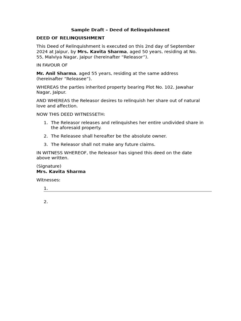Deed of Relinquishment Template | PDF