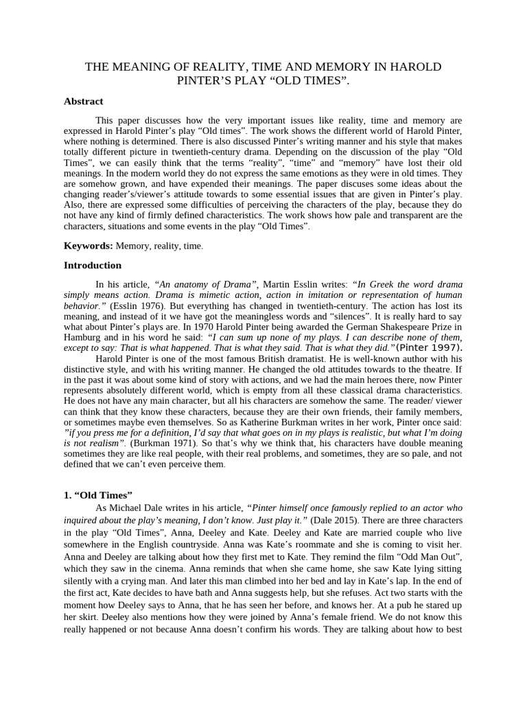 Reality, Time and Memory in Harold Pinter's Play Old Times | PDF