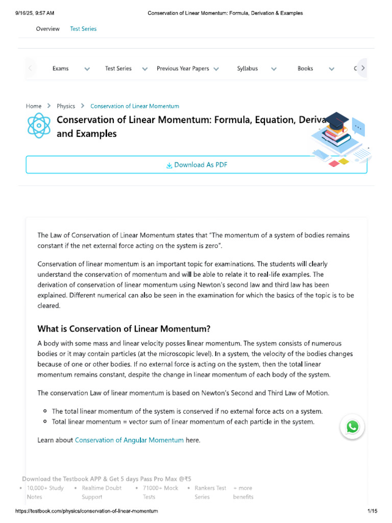 Conservation of Linear Momentum - Formula, Derivation & Examples | PDF
