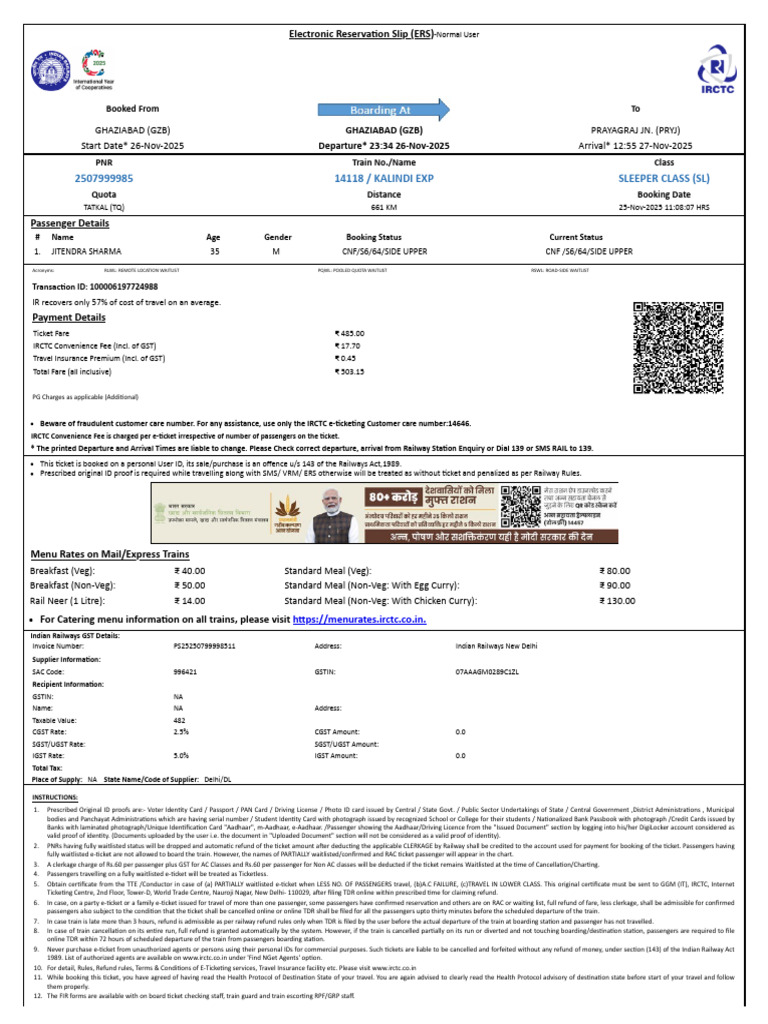 Kalindi Exp Sleeper Class (SL) : Booked From To | PDF | Identity Document