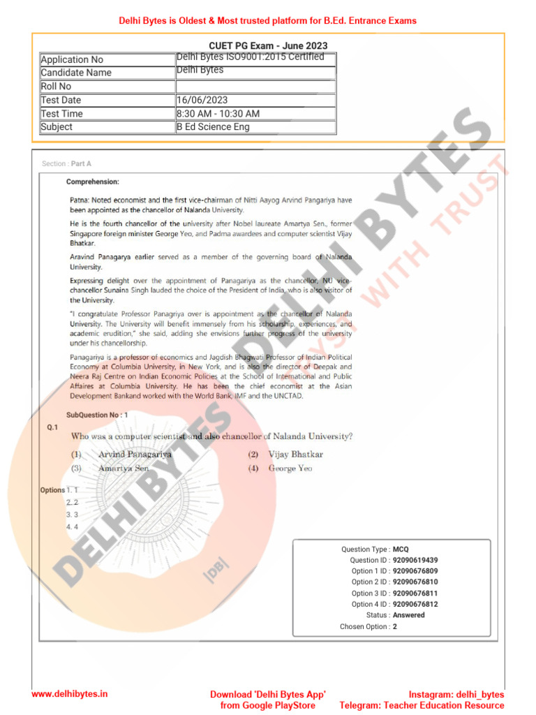 CUET B.Ed. Science PYQ 2023 | PDF | Multiple Choice | Google Play