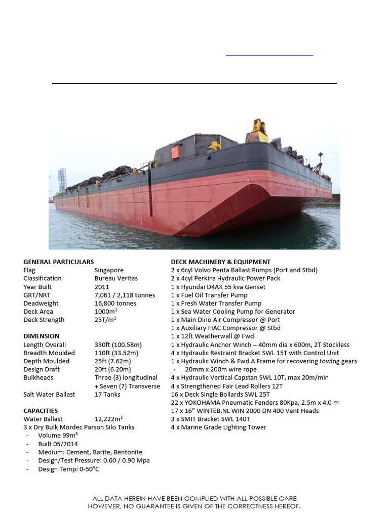 2K93 - 330ft Barge Specification | PDF | Shipping | Watercraft